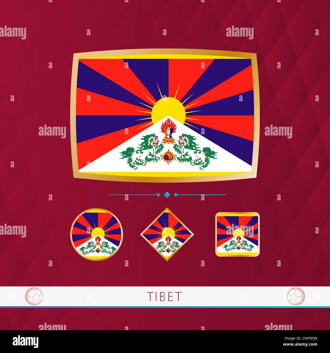 Set of Tibet flags with gold frame for use at sporting events on a ...