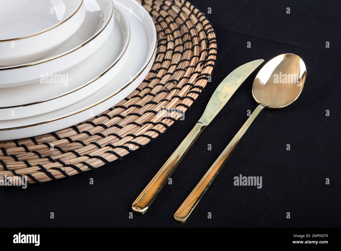 Plates and utensils, Plate, Bowl and golden cutlery against dining ...