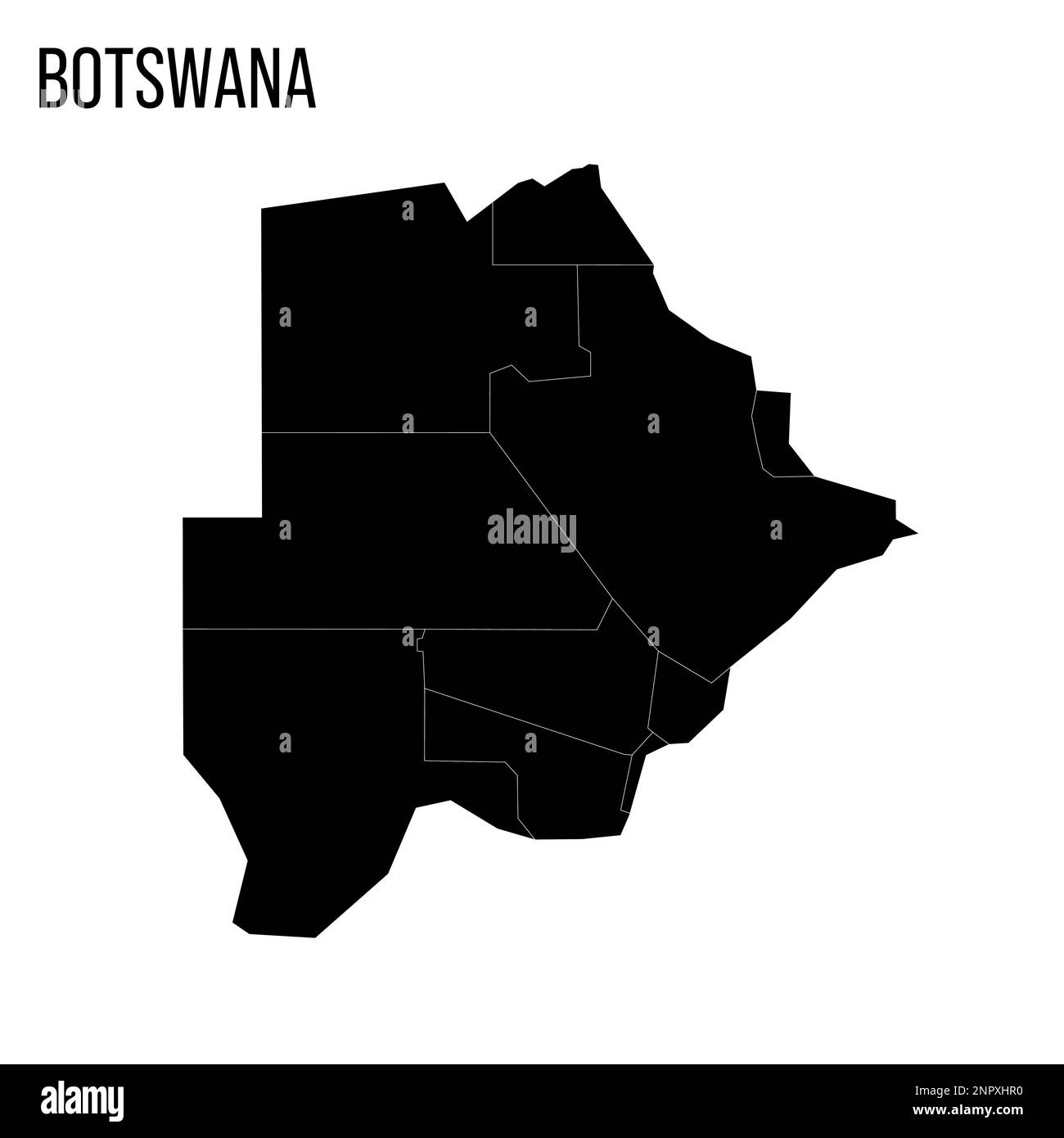 Botswana political map of administrative divisions - rural and urban districts. Blank black map ...