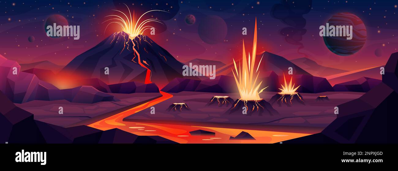 Eruption of golden magma and lava from volcano in alien landscape ...