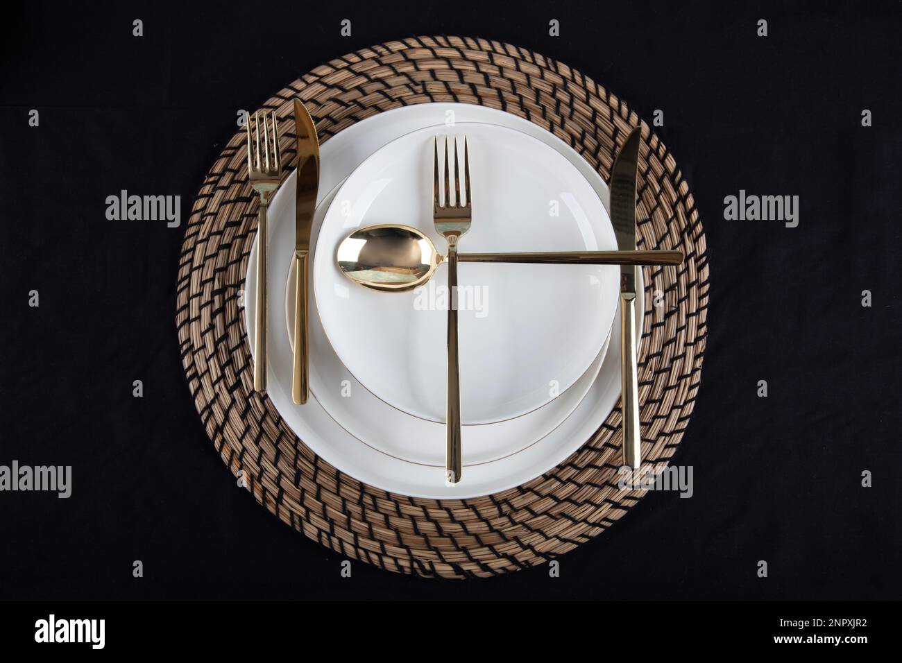Plates and utensils, Plate, Bowl and golden cutlery against dining ...