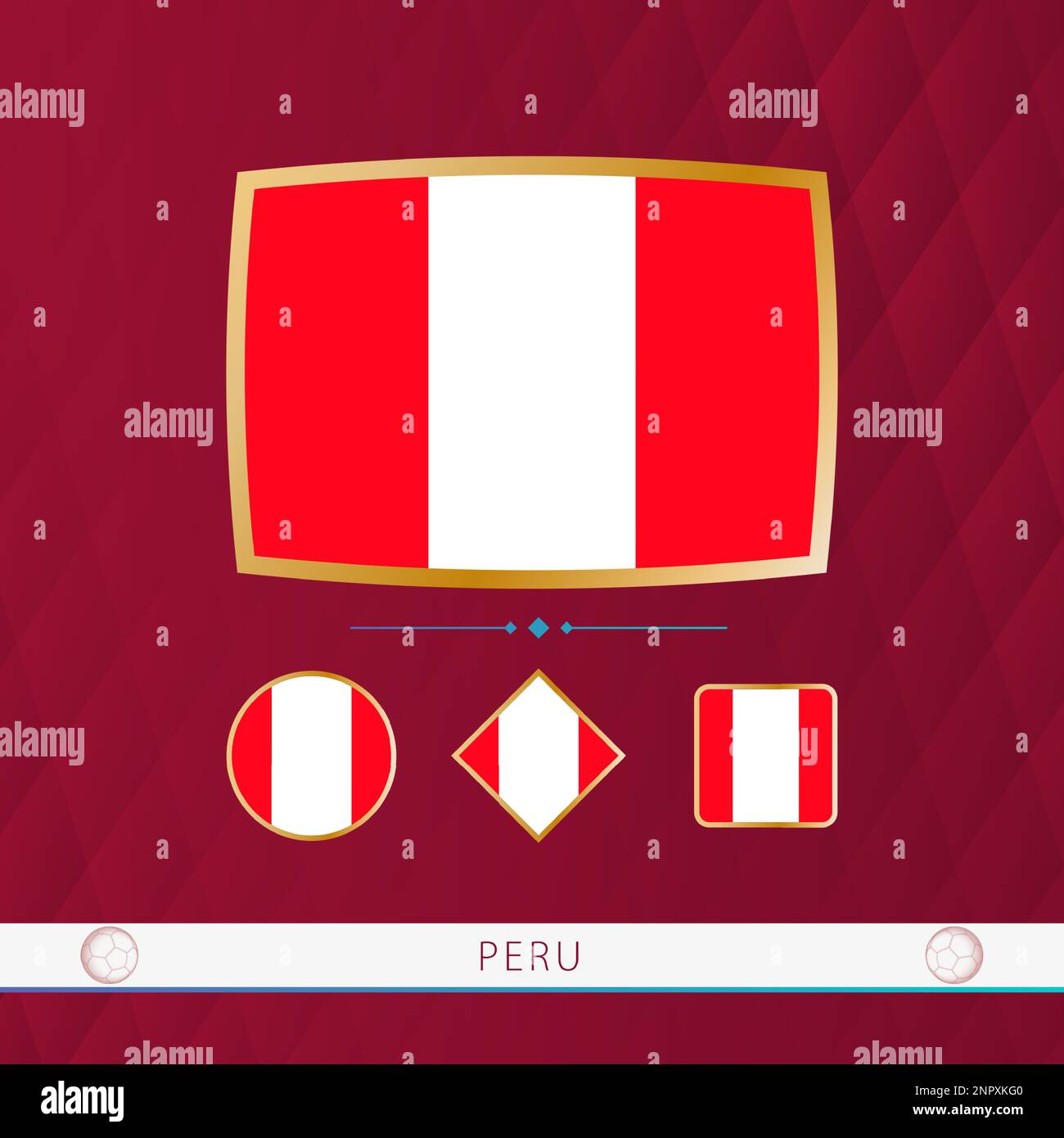 Set of Peru flags with gold frame for use at sporting events on a burgundy abstract background ...