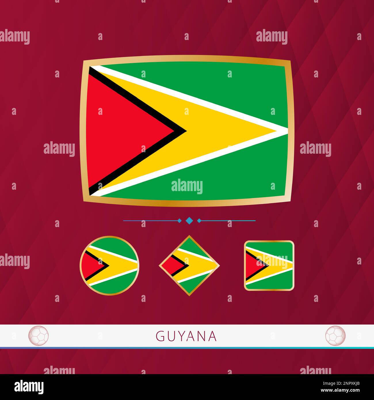 Set of Guyana flags with gold frame for use at sporting events on a burgundy abstract background ...