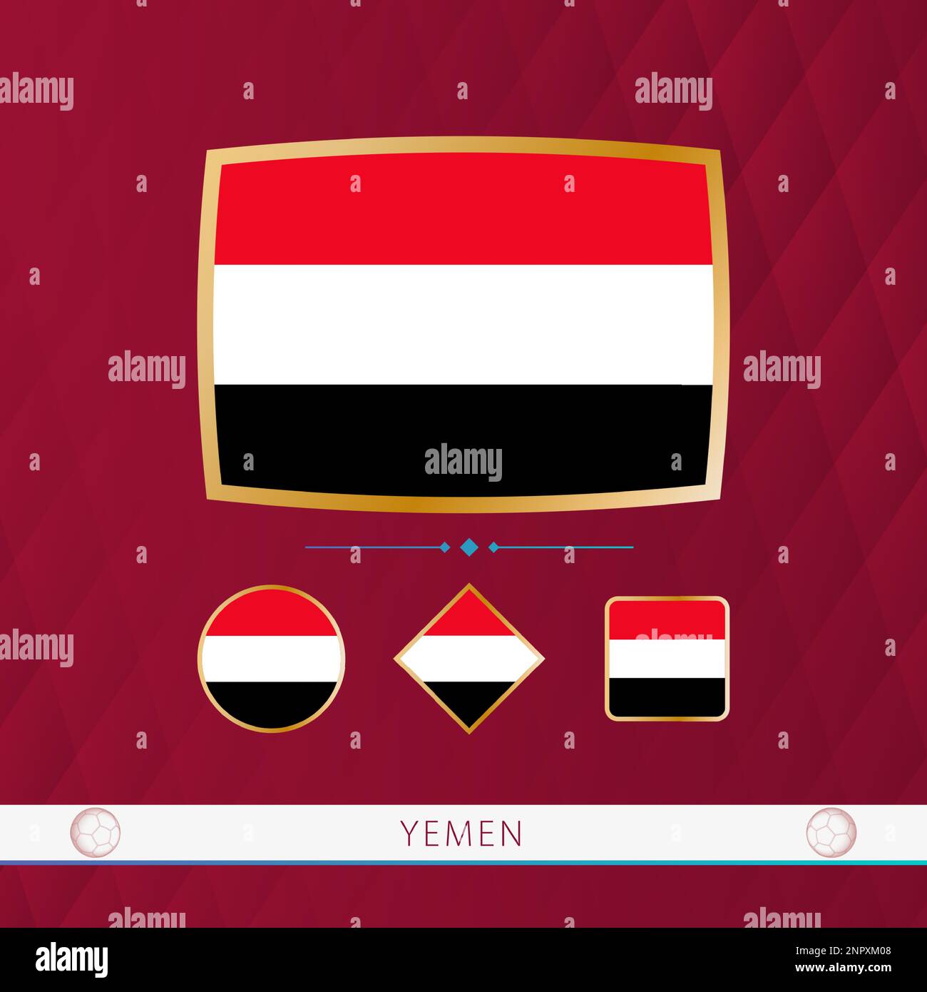 Set of Yemen flags with gold frame for use at sporting events on a burgundy abstract background ...