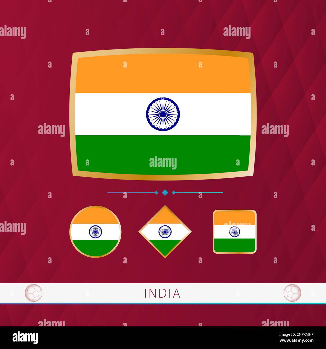 Set of India flags with gold frame for use at sporting events on a ...