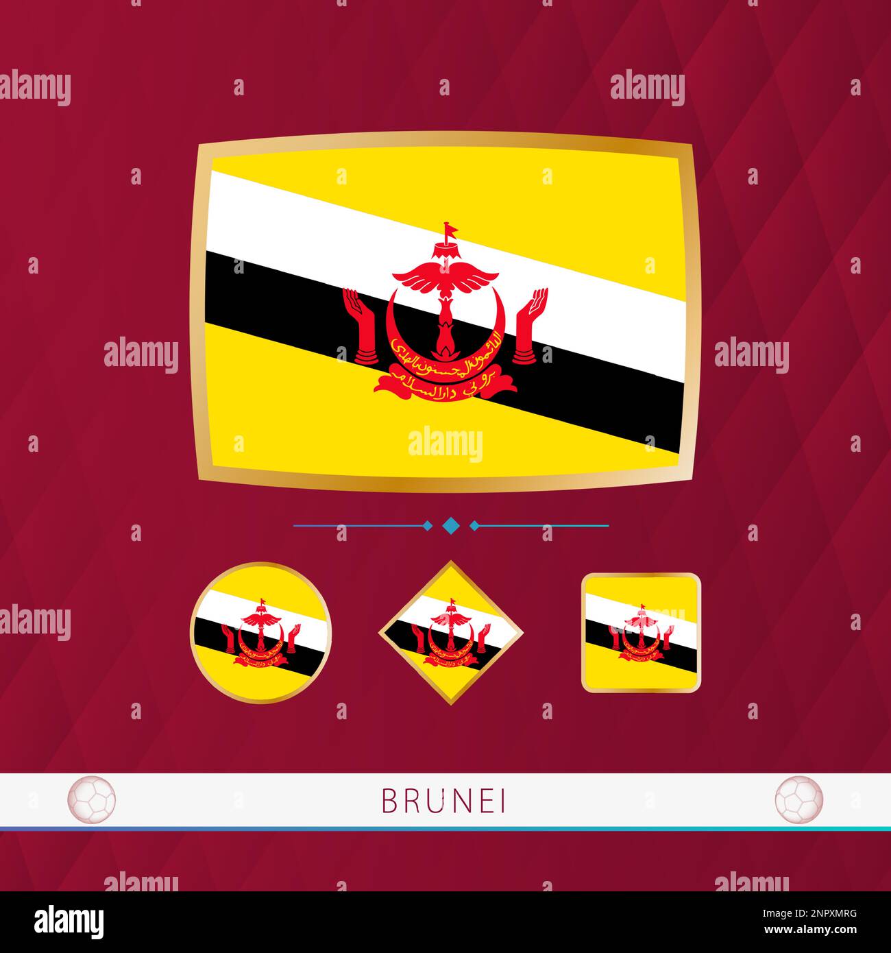 Set of Brunei flags with gold frame for use at sporting events on a ...