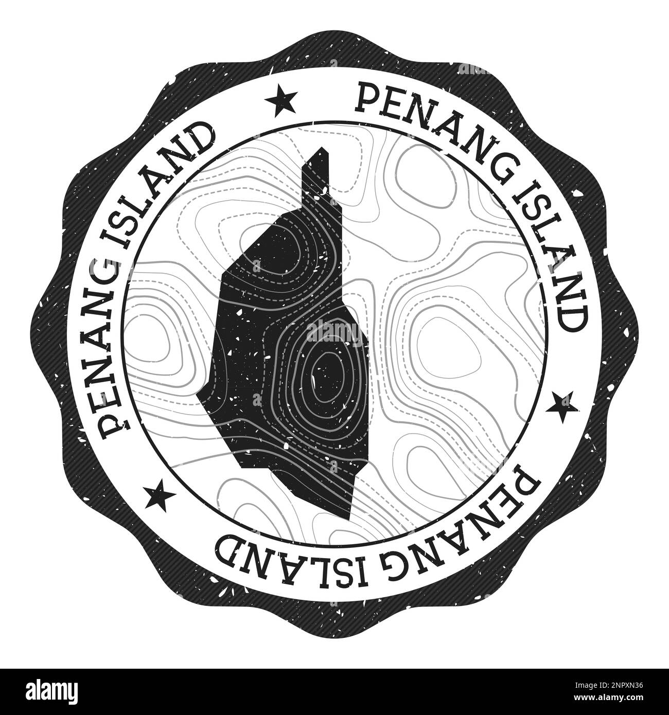 Penang Island outdoor stamp. Round sticker with map with topographic ...