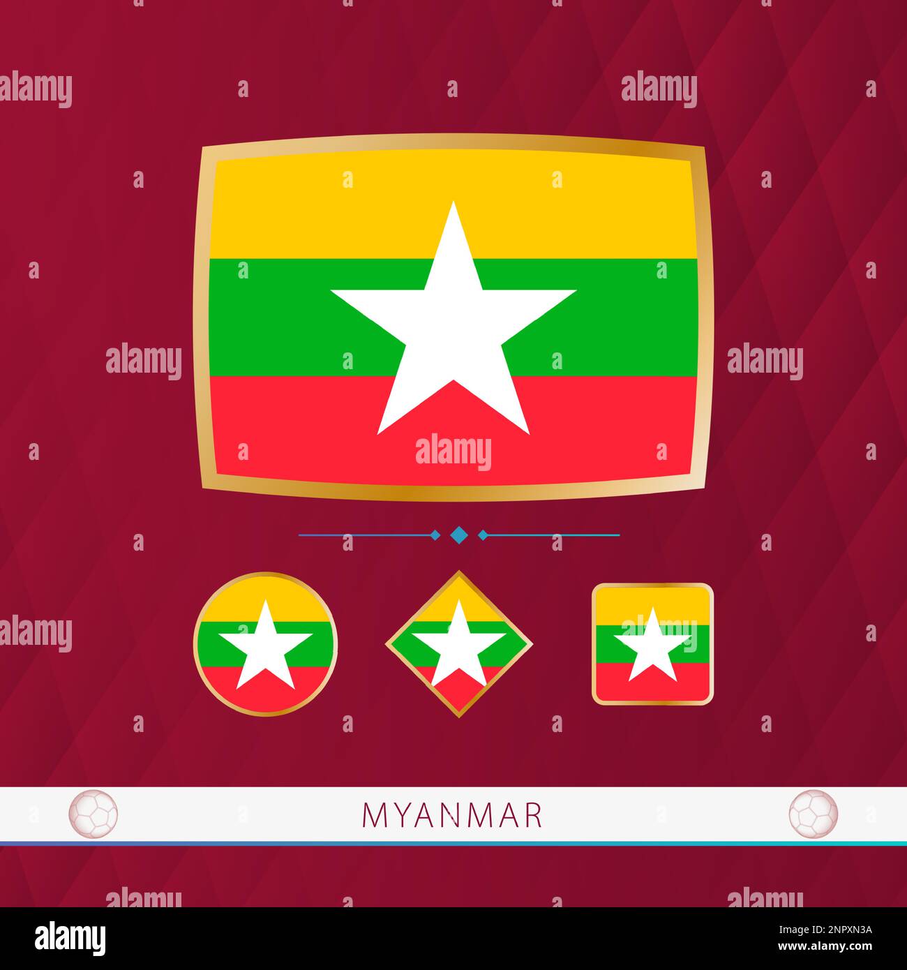 Set of Myanmar flags with gold frame for use at sporting events on a ...