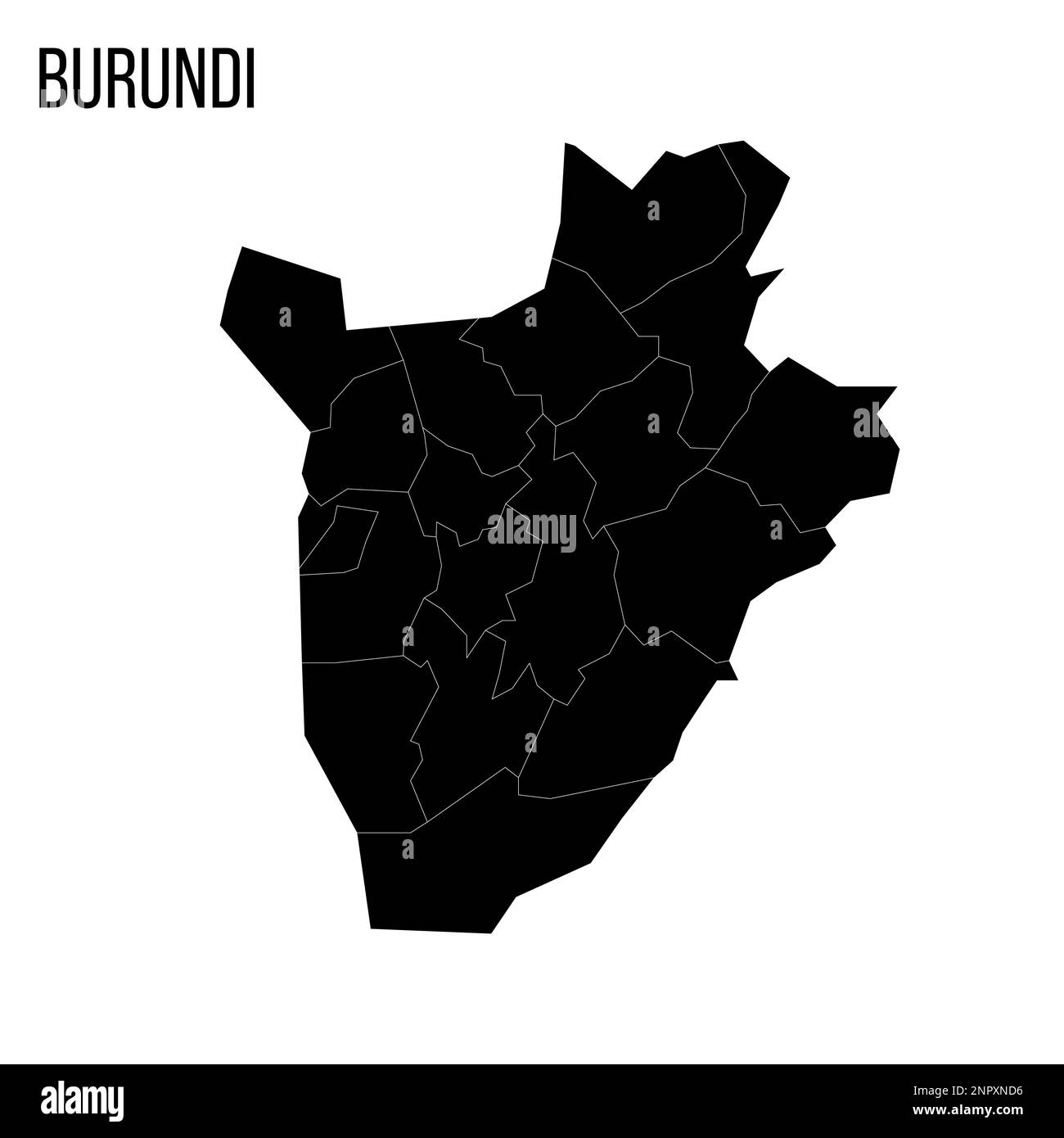 Burundi political map of administrative divisions - provinces. Blank black map and country name ...