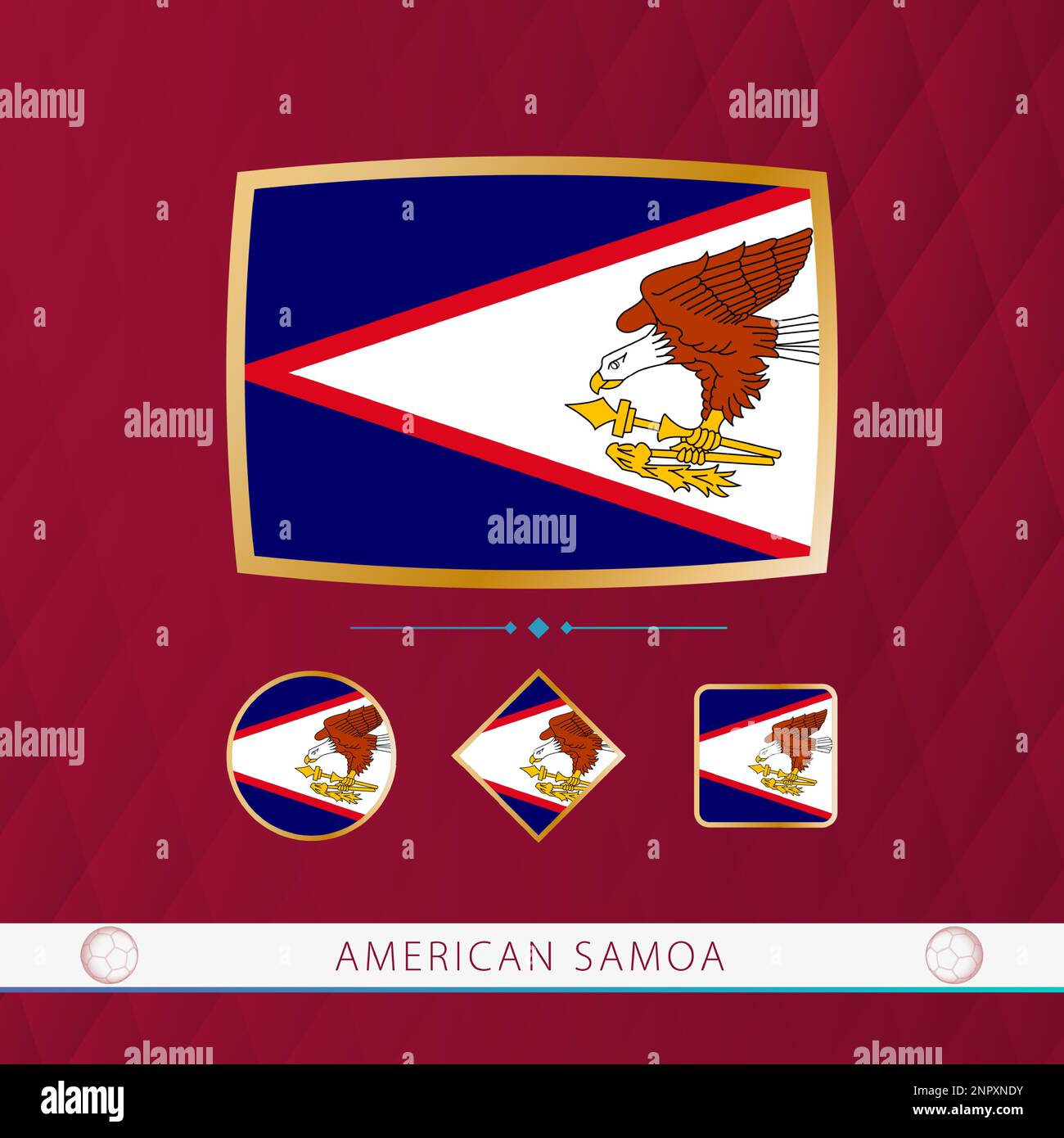 Set of American Samoa flags with gold frame for use at sporting events on a burgundy abstract ...