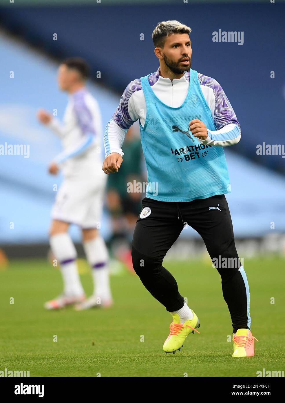 Manchester City's Sergio Aguero during the warm up ahead of the English ...