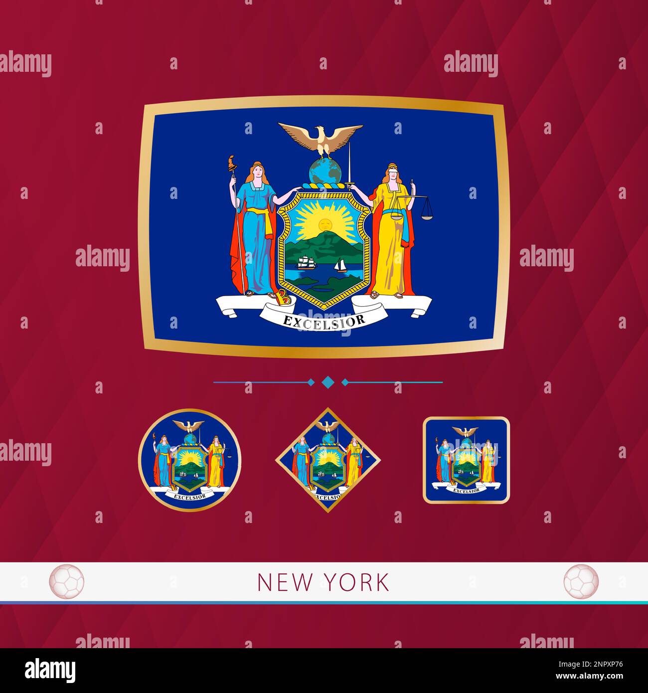 Set of New York flags with gold frame for use at sporting events on a ...
