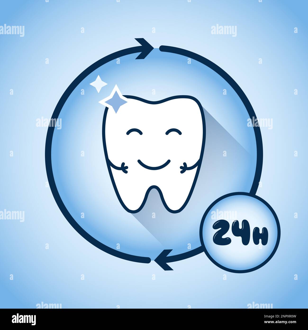 Cute happy tooth blue round icon, long shadow, flat vector illustration ...