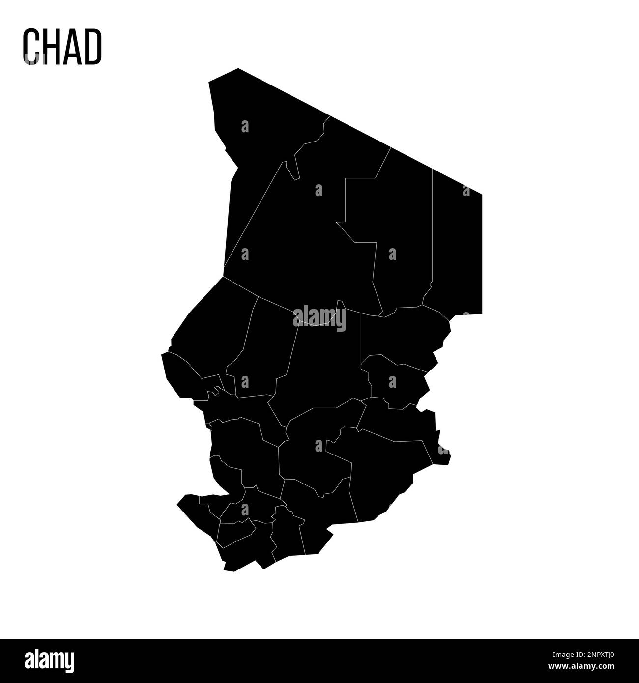 Chad political map of administrative divisions - regions. Blank black ...