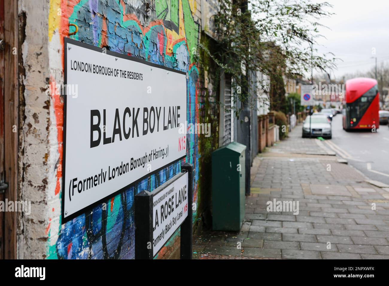 London, UK. 26 Jan 2023. Residents put up a large Black Boy Lane street ...