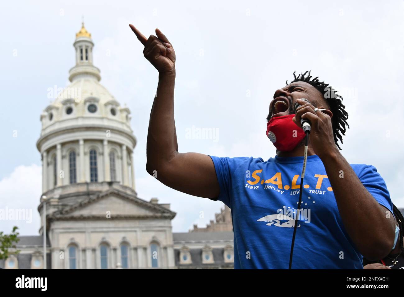 In this Friday, June 19, 2020 photo, Jerell Johnson of Baltimore sings ...