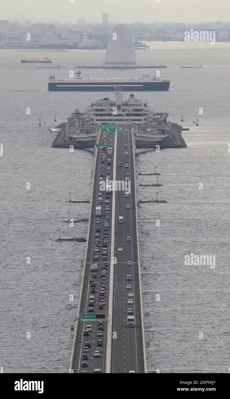 An aerial picture shows a trafic jam on the Tokyo Bay Aqua-Line ...