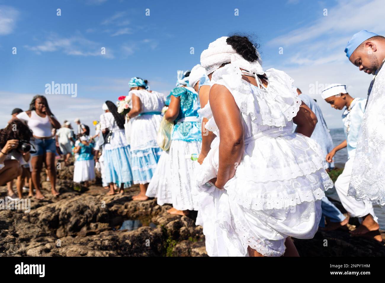 Salvador, Bahia, Brazil - February 02, 2023: Candomble members are seen ...