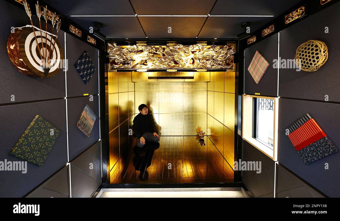 A picture taken on March 30, 2020 shows the golden tea room at Yame Dento Kogeikan, a ...