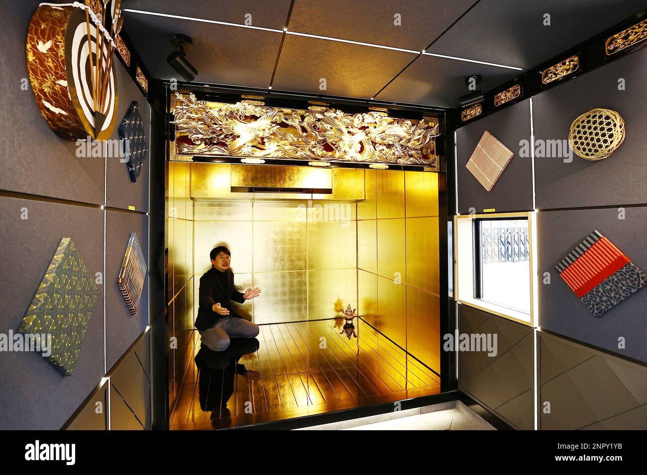A picture taken on March 30, 2020 shows the golden tea room at Yame Dento Kogeikan, a ...