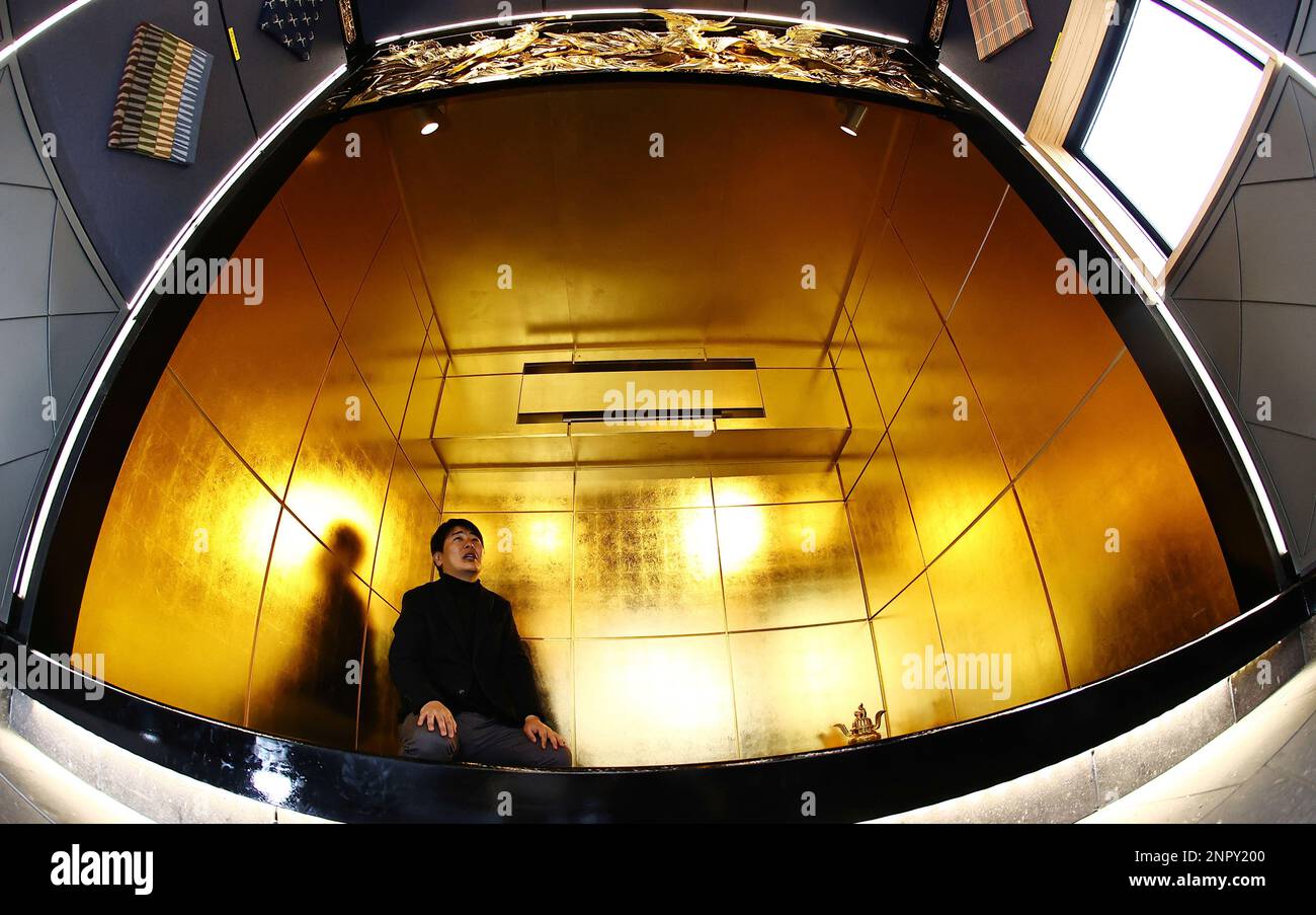 A picture taken on March 30, 2020 shows the golden tea room at Yame Dento Kogeikan, a ...