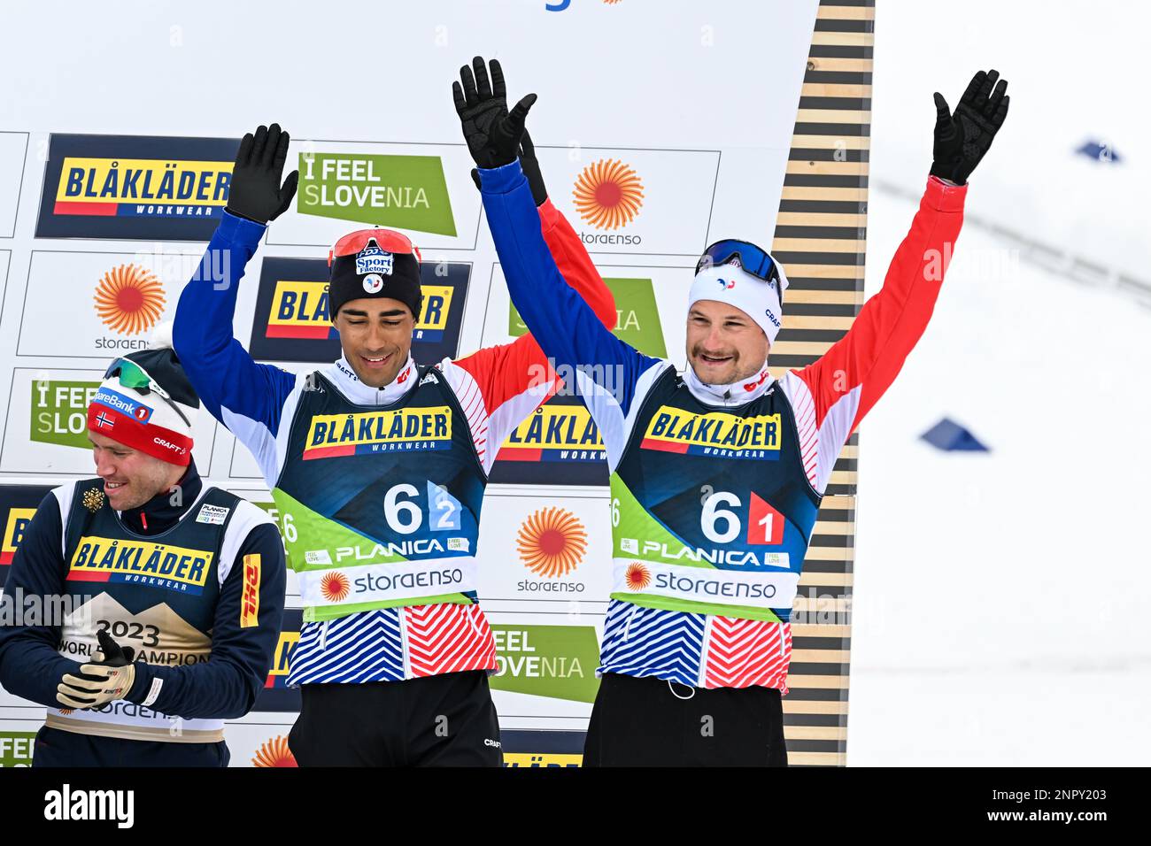Third placed Richard Jouve and Renaud Jay of France celebrate on podium ...