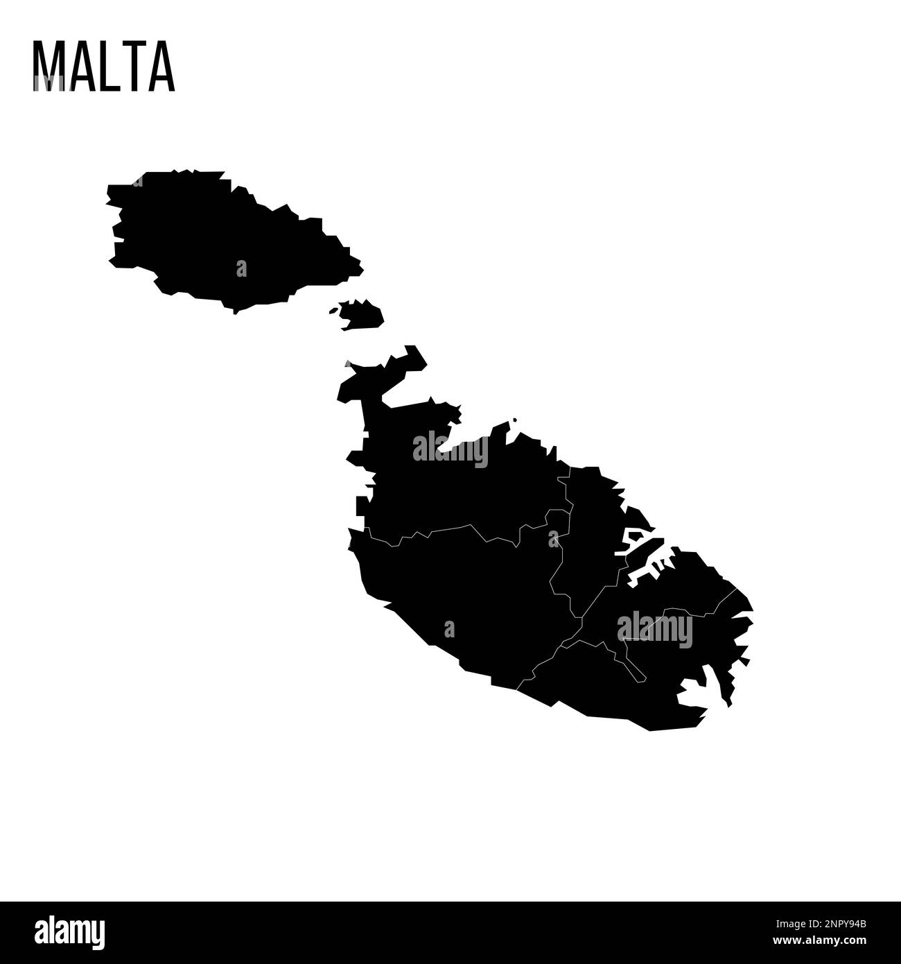Malta political map of administrative divisions - regions. Blank black map and country name ...