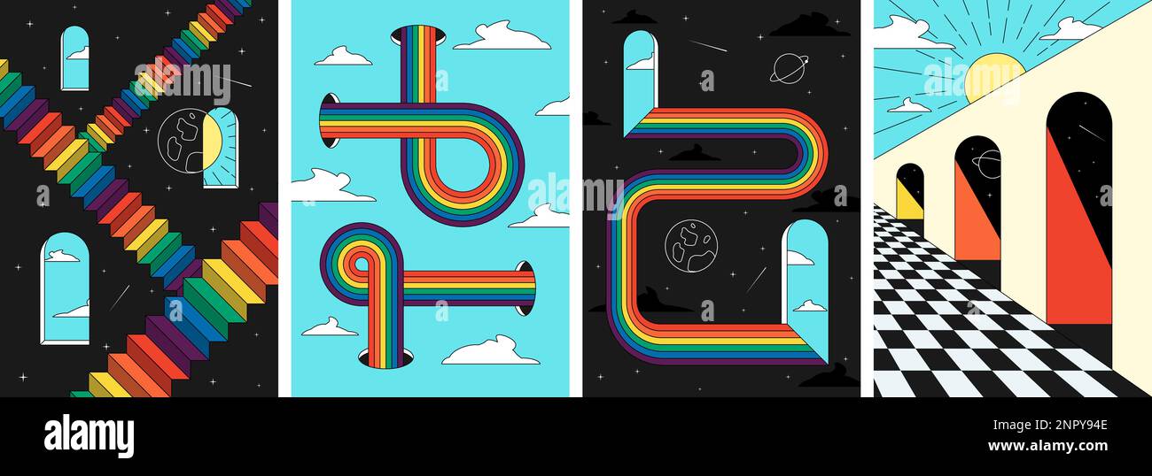 Retro groovy rainbow space stairs art poster set. Sun and moon in ...