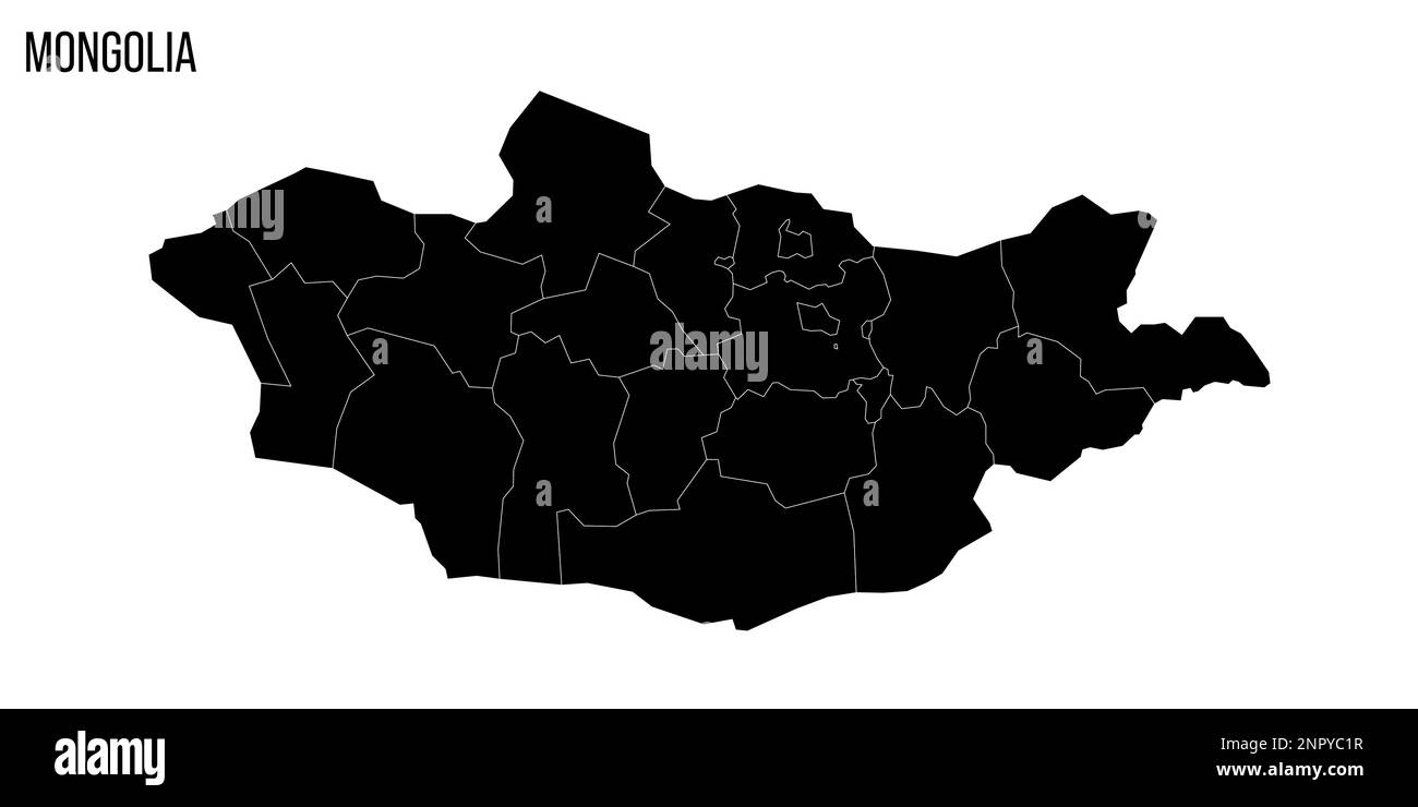 Mongolia political map of administrative divisions - provinces and khot Ulaanbaatar. Blank black ...