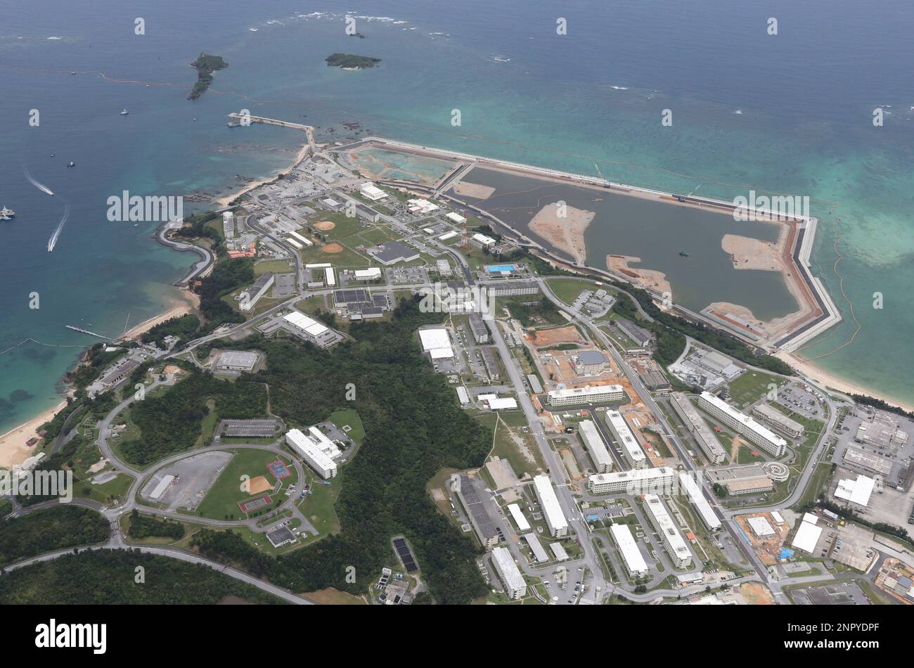 An aerial photo shows Henoko landfill work resuming at U.S. Camp Schwab ...