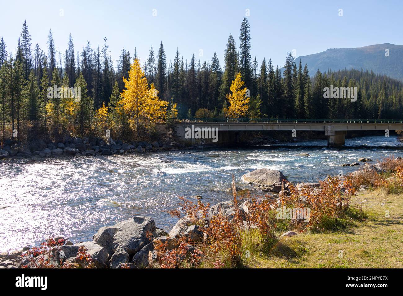 river flowing under bridge in mountains Stock Photo - Alamy