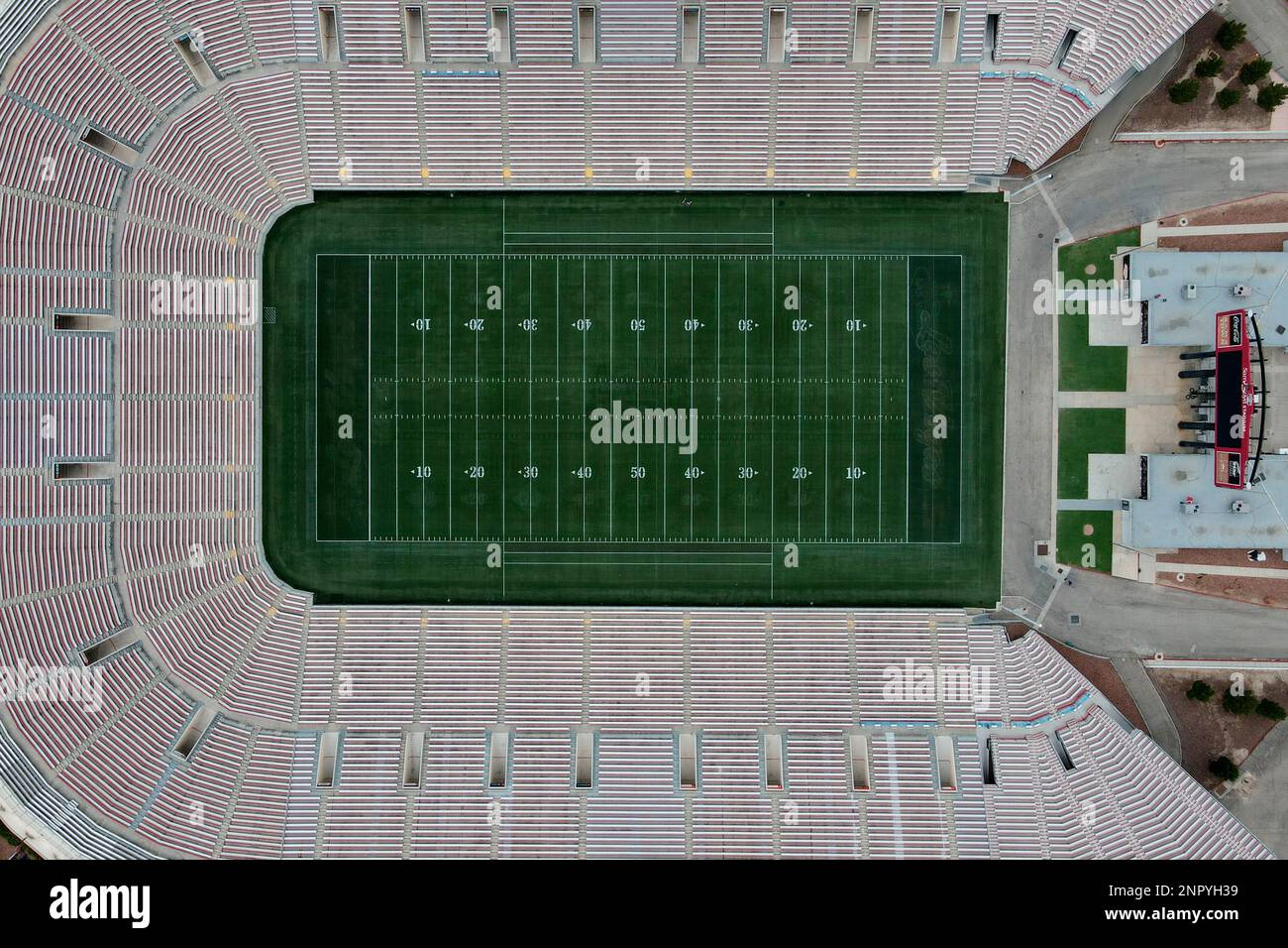 An overhead view of the artificial turf football field at Sam Boyd ...