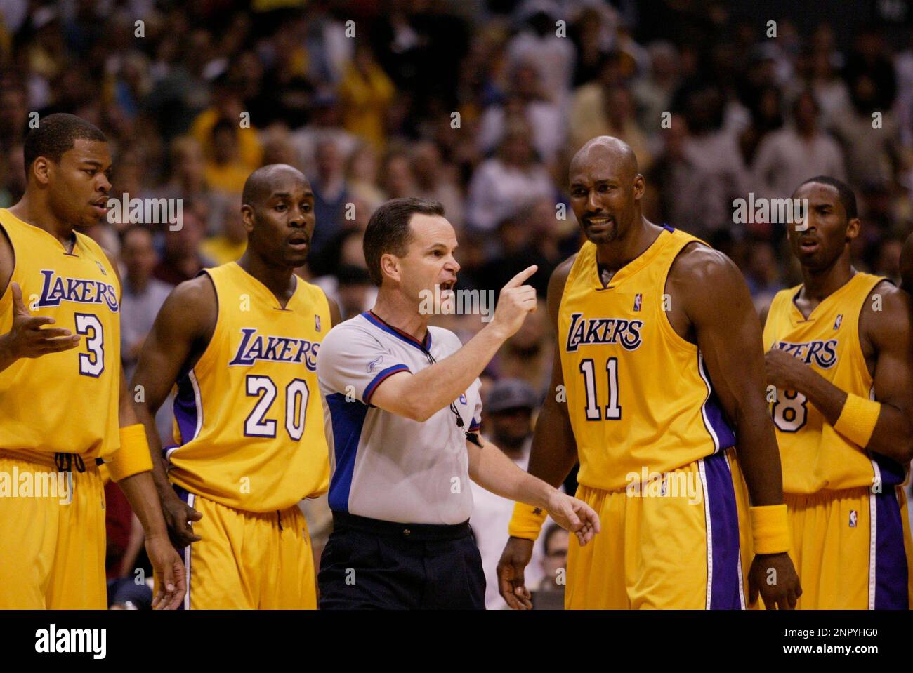 Los Angeles Lakers forward Karl Malone (11) not happy with the referees ...