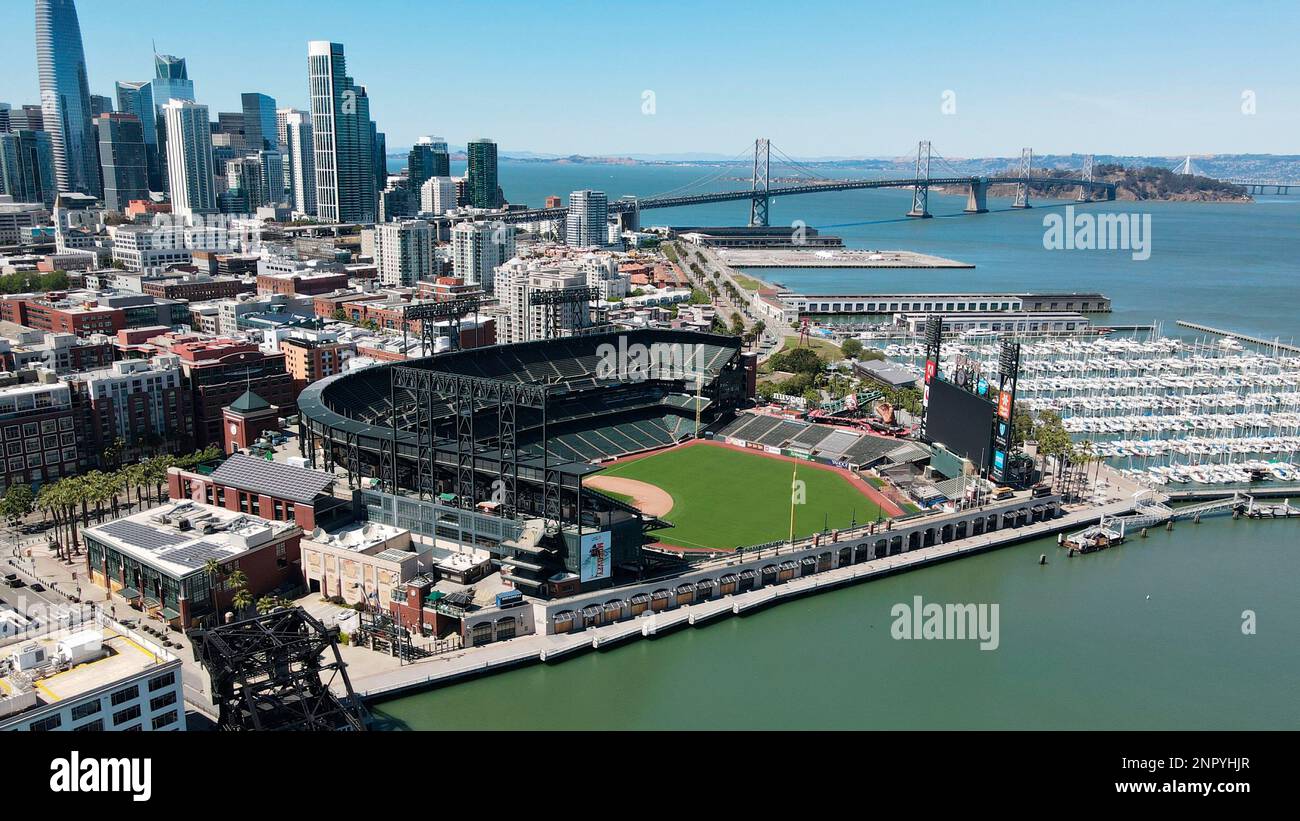 A general view of Oracle Park and the downtown San Francisco skyline ...