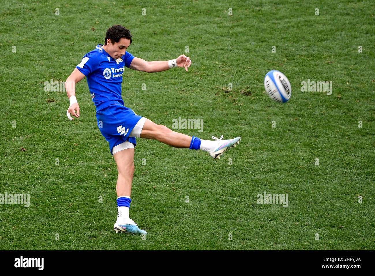 Ange Capuozzo of Italy kicks during the Six Nations rugby match between ...