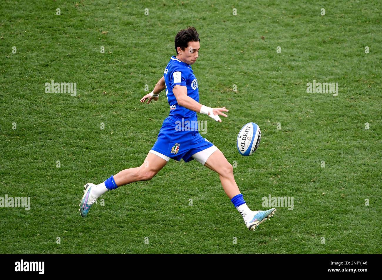 Ange Capuozzo of Italy kicks during the Six Nations rugby match between ...