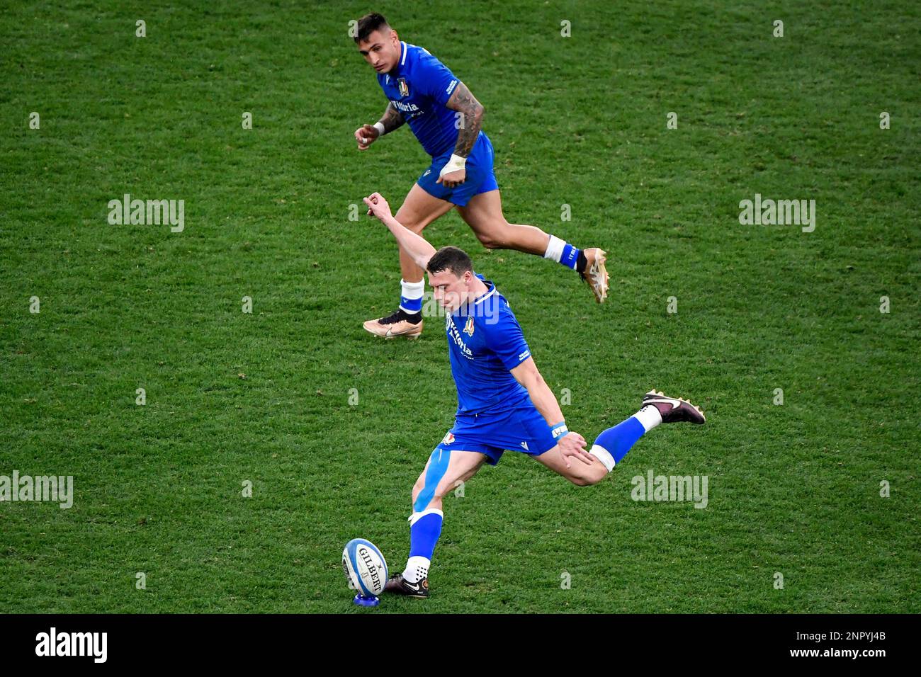 Paolo Garbisi of Italy kicks during the Six Nations rugby match between ...