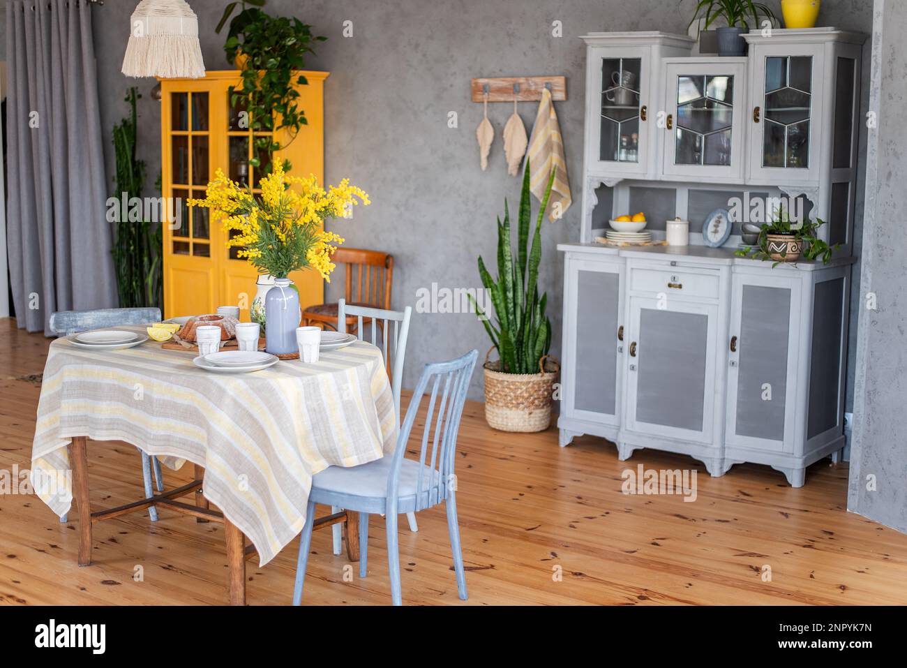 Spring, Easter interior in Scandinavian style. Rustic Living room with ...
