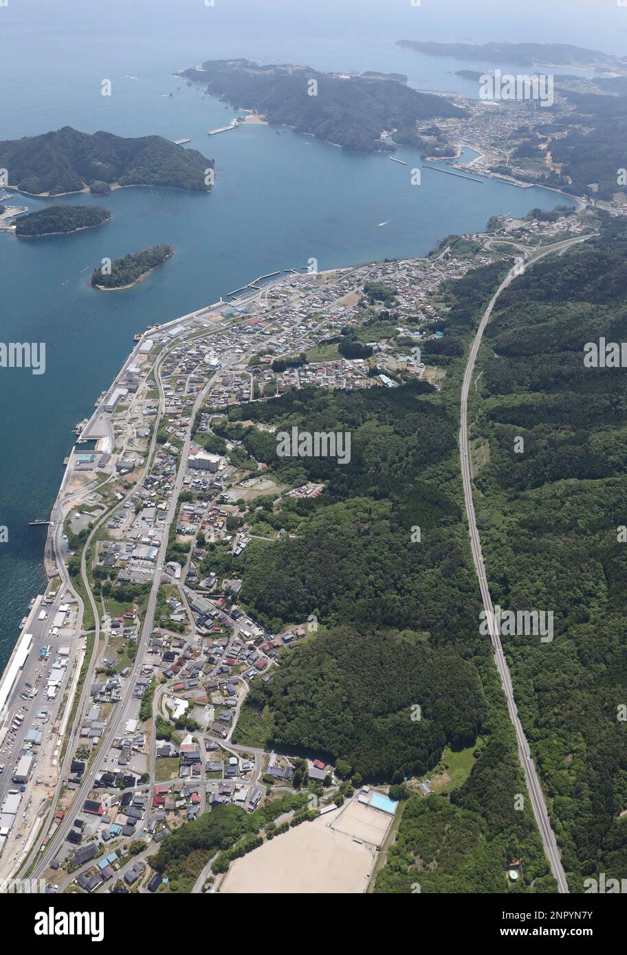An aerial photo shows Reconstruction Road (R) in Ofunato City, Iwate ...