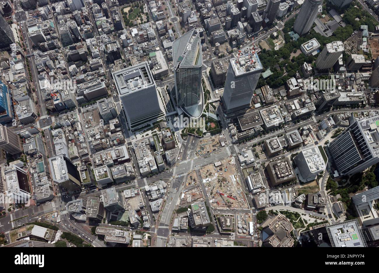 An aerial photo shows Toranomonand Azabudai district in Tokyo on June 5 ...