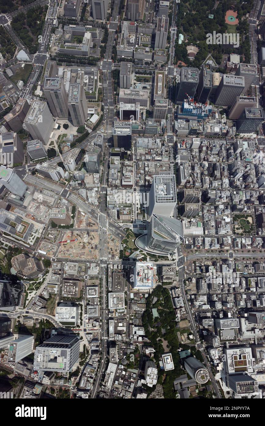 An aerial photo shows Toranomonand Azabudai district in Tokyo on June 5 ...