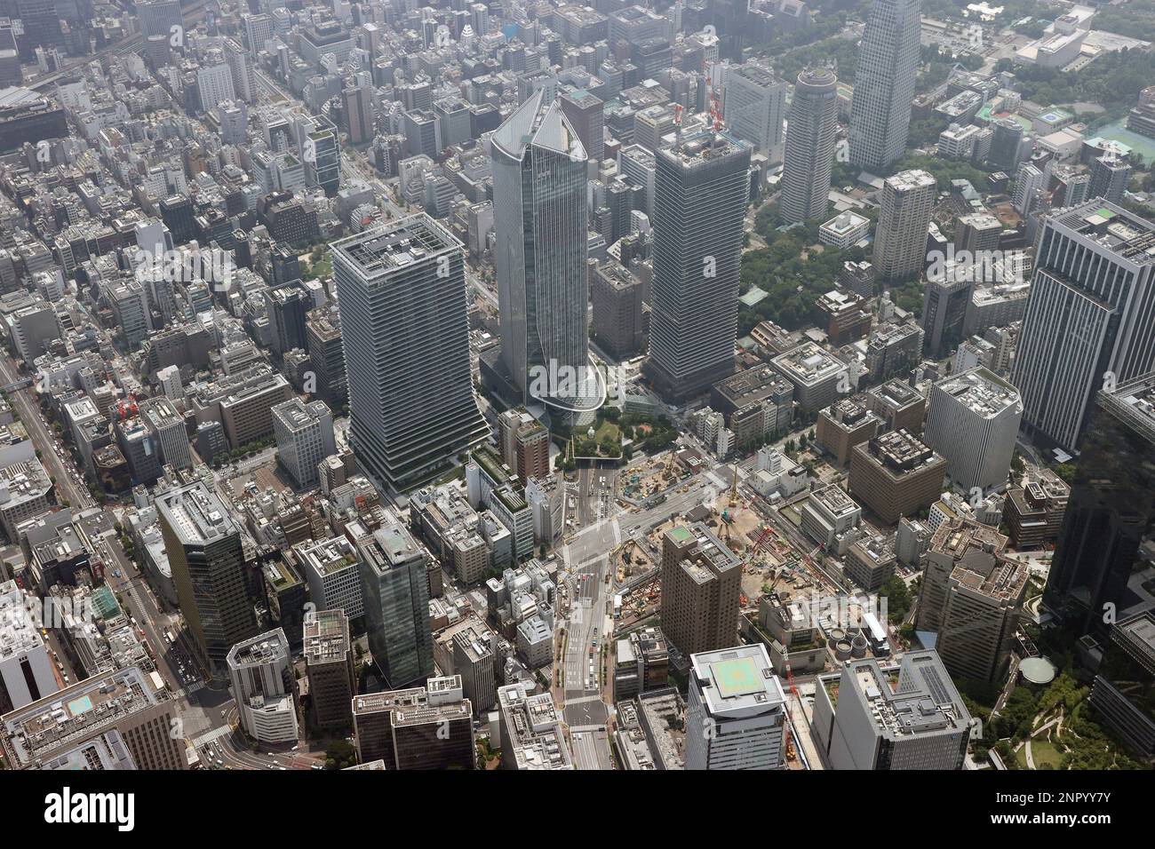 An aerial photo shows Toranomonand Azabudai district in Tokyo on June 5 ...