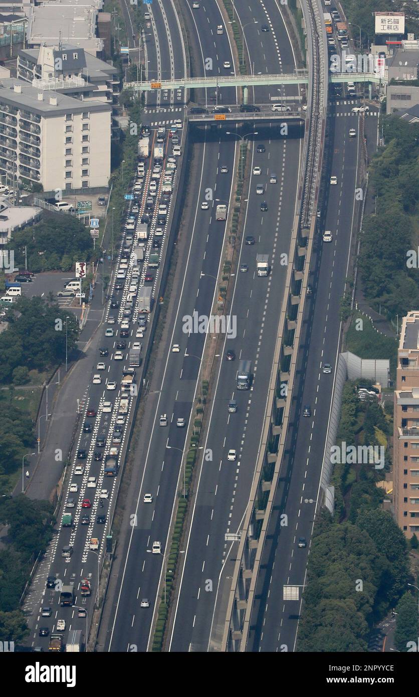 An aerial photo shows CHUGOKU EXPRESSWAY around Senri Junction in ...