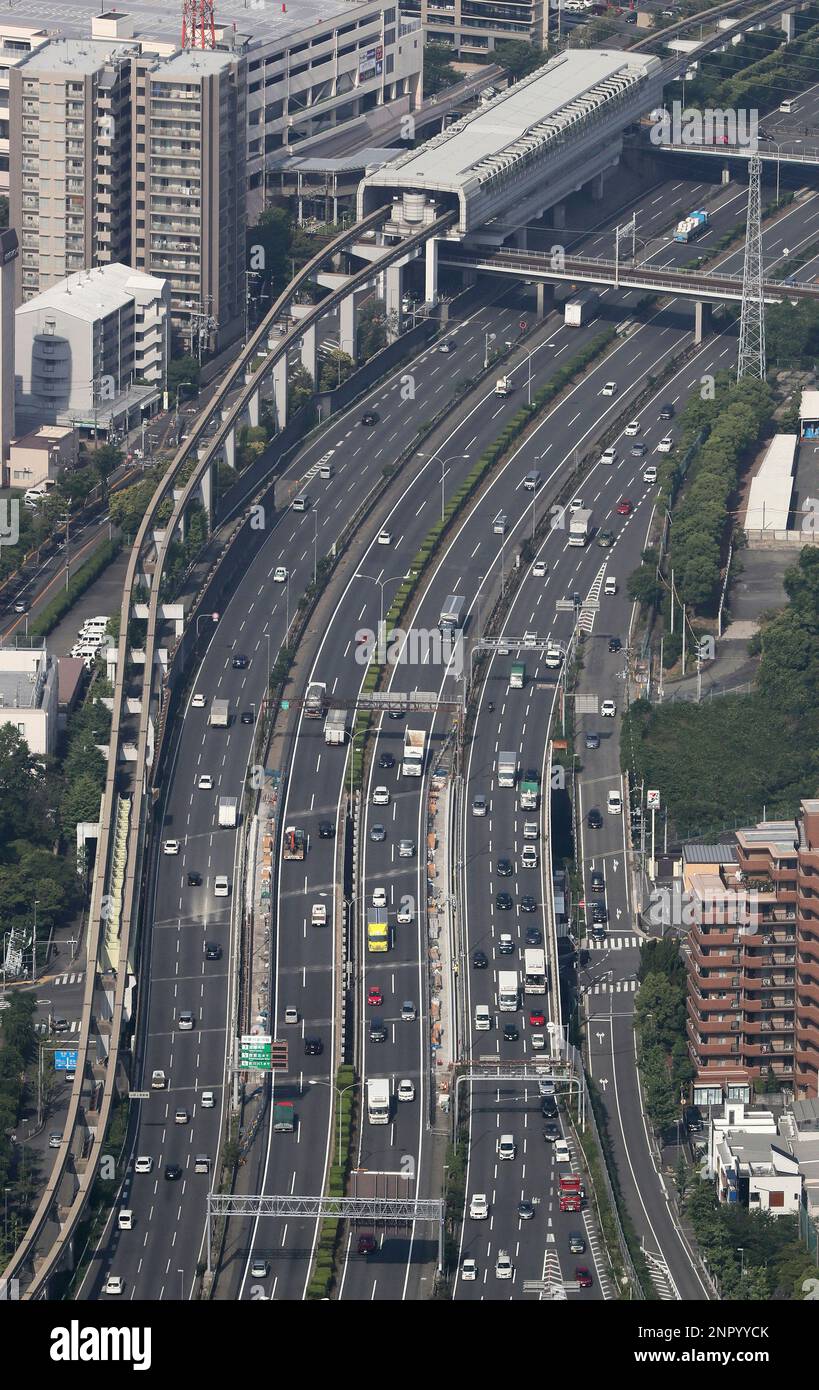 An aerial photo shows CHUGOKU EXPRESSWAY around Sita Junction in Suita ...