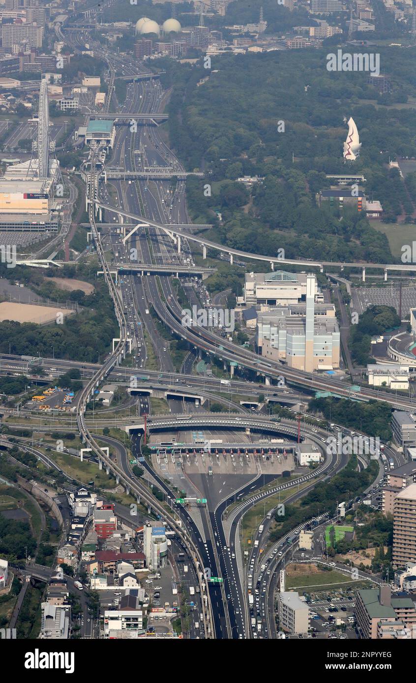 An aerial photo shows CHUGOKU EXPRESSWAY around Sita Junction in Suita ...