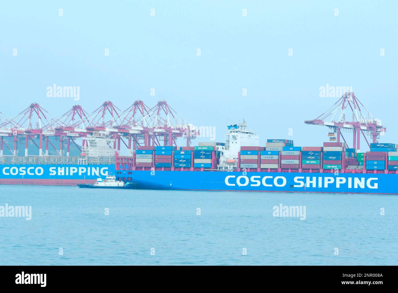 Two COSCO Shipping container ships are seen in a port in Qingdao in ...