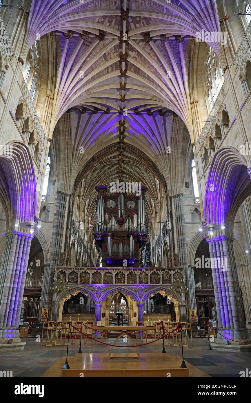 Exeter Cathedral - internal lit in blue Stock Photo - Alamy