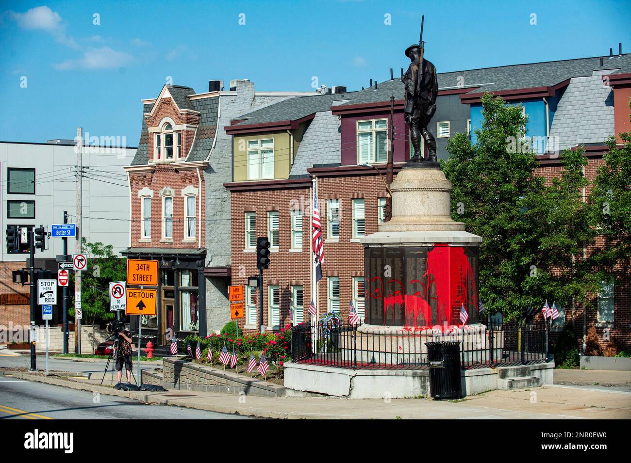 Red paint is pictured splattered on the Doughboy war memorial in the ...