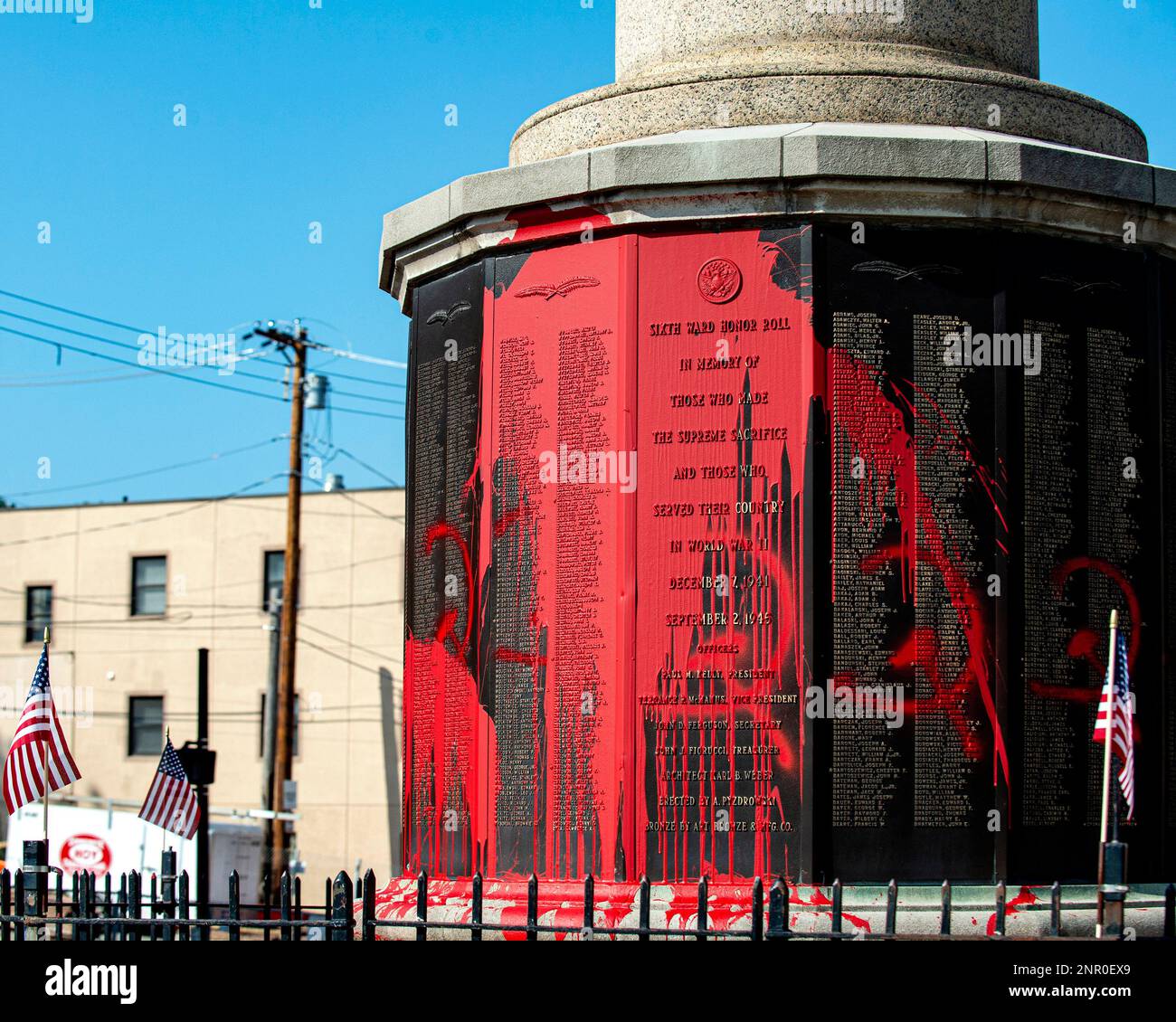 Red paint is pictured splattered on the Doughboy war memorial in the ...