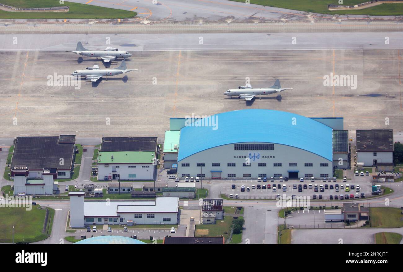 An aerial photo shows Naha Airport in Naha City, Okinawa Prefecture on ...